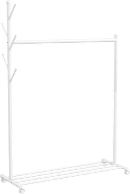 HOMCOM stojan na oblečení s kolečky, 5 háčků, tyč na oblečení a dolní polička do chodby/vstupní haly, 120x43x171 cm, Bílý