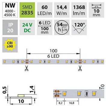 LED pásek McLED 24V neutrální bílá CRI90 š=10mm IP20 14,4W/m 60LED/m SMD2835 ML-126.701.60.2