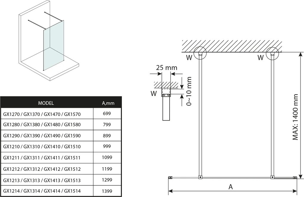 Gelco VARIO BLACK sprchová zástěna 130 x 200 cm jednodílná k instalaci do prostoru černá sklo čiré GX1213GX2214