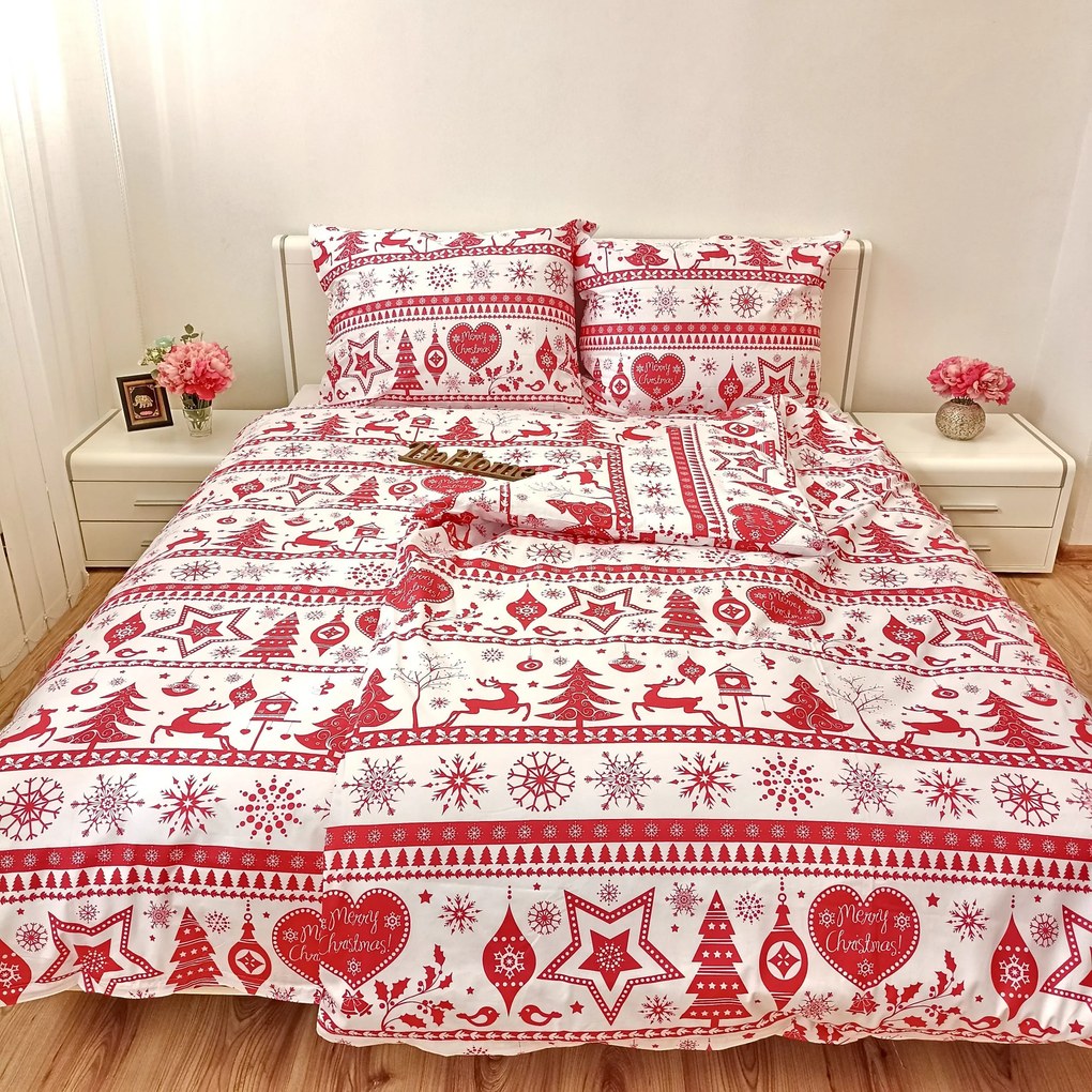Povlečení bavlněné Vánoční povlečení Christmas červené TiaHome - 1x Polštář 90x70cm, 1x Přikrývka 140x200cm