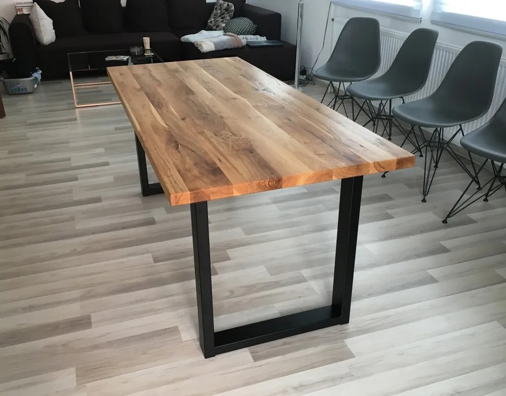 KULHÁNEK Jídelní stůl s rovnou hranou a ocelovou podnoží Velikost desky: 300x100 cm, Odstín podnože: černá s jemnou strukturou - JS RAL 9005