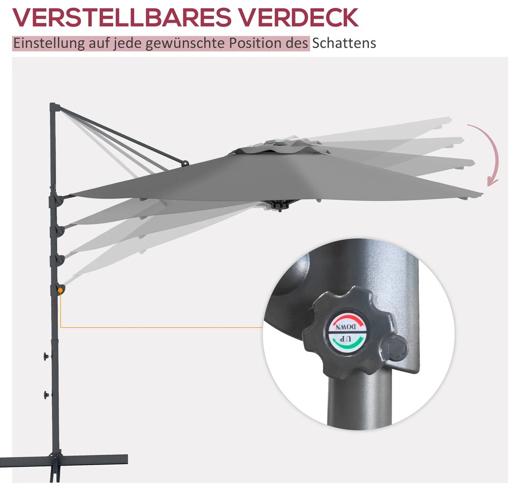 Outsunny konzolový slunečník Ø3 m s kličkou, sklápěcí zahradní slunečník, otočný zahradní slunečník na balkon a terasu, kov, tmavě šedý | Aosom.de