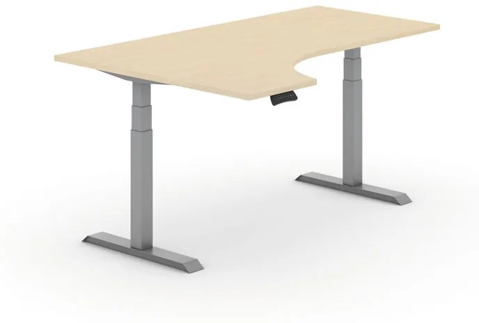 Výškově nastavitelný stůl PRIMO ADAPT, elektrický,1800x1200x625-1275 mm, ergonomický levý, bříza, šedá podnož