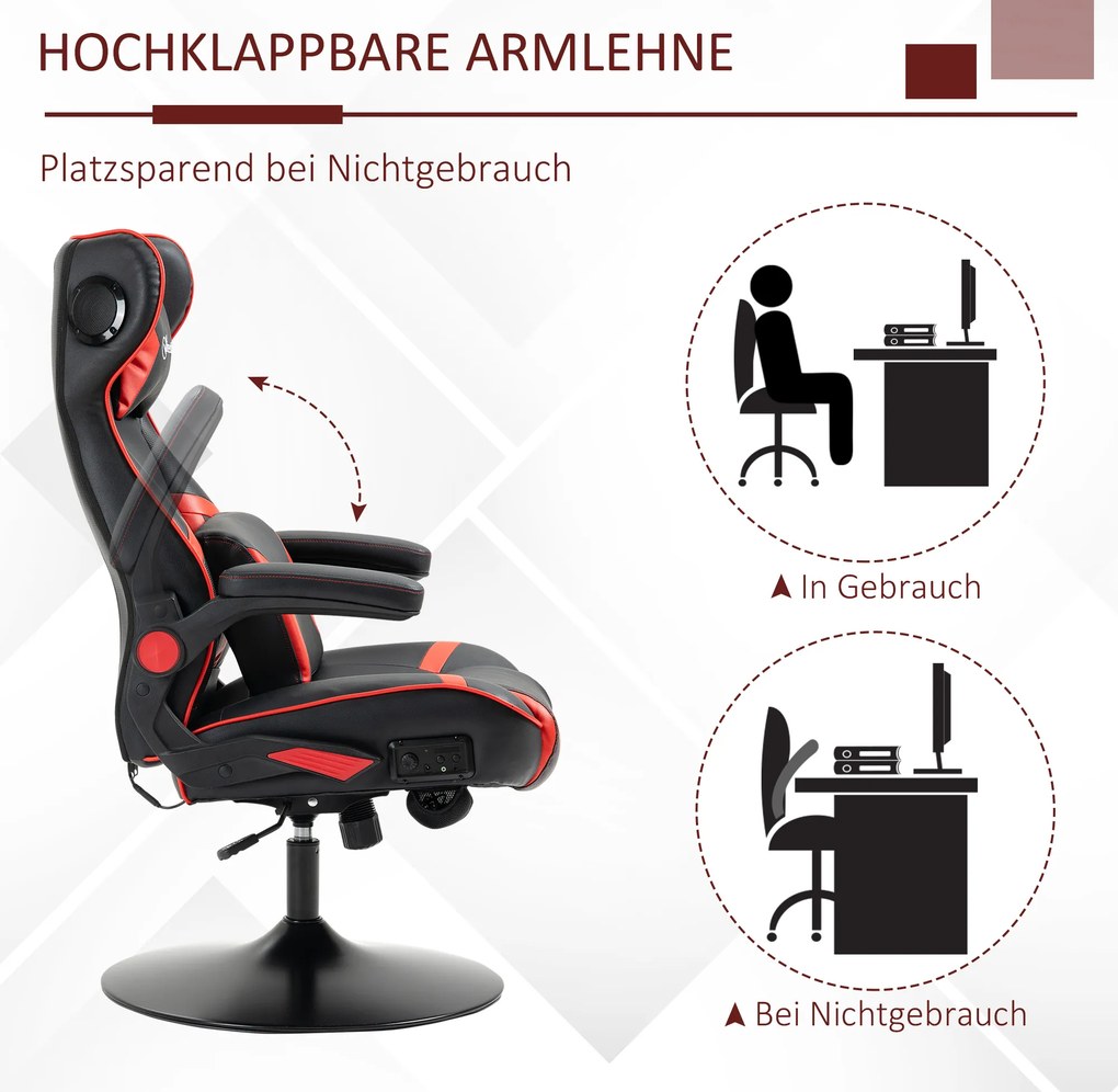 Výškově nastavitelná herní židle Vinsetto s ergonomickou houpací funkcí, reproduktory, bederní a krční opěrkou z umělé kůže | Aosom.de
