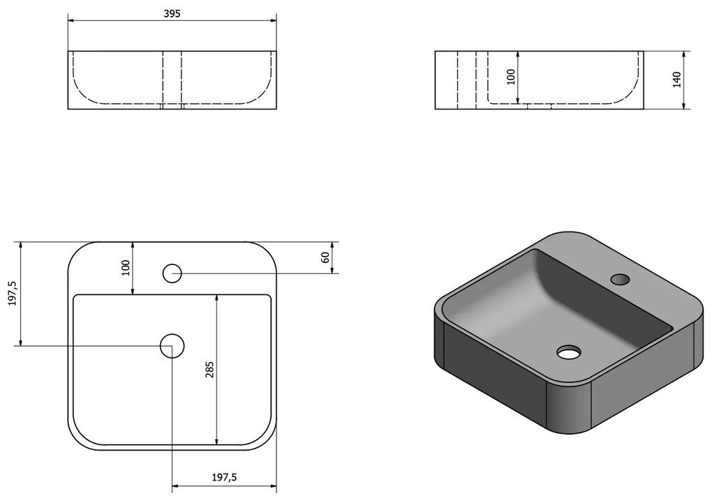 Sapho, MOLVENO keramické umyvadlo 39,5x14x39,5 cm, na desku, AR453