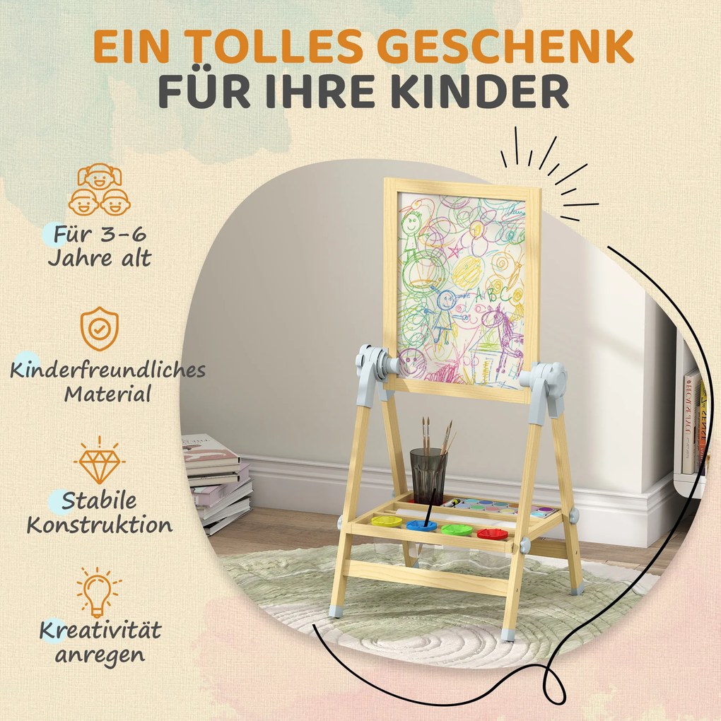 Dětský stojan ze dřeva, oboustranná tabule a černá tabule Výškově nastavitelný stojan s rolí papíru, polička, příroda
