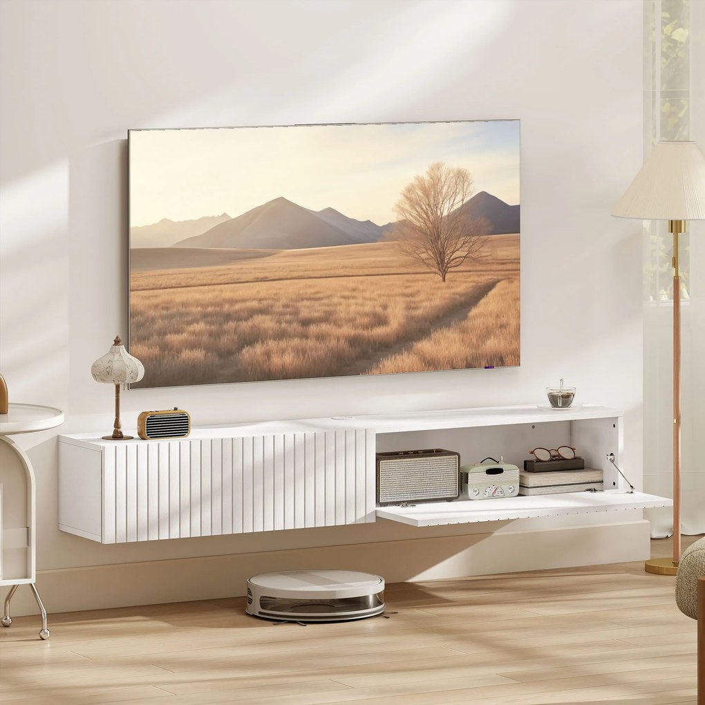 HOMCOM závěsný televizní nábytek 140 cm, TV lowboard pro televize až 182,9 cm, 2 výklopné dveře, 140x25x22 cm, bílá