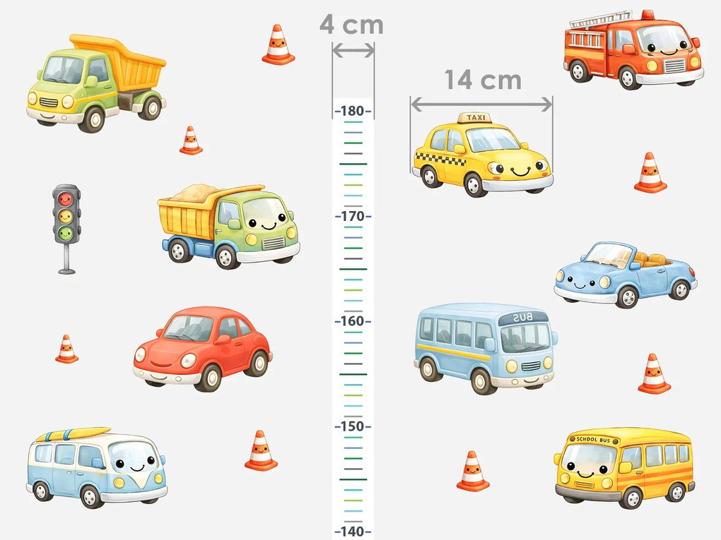 Dětský metr autíčka textilní přelepitelné samolepky na zeď výška 180 cm