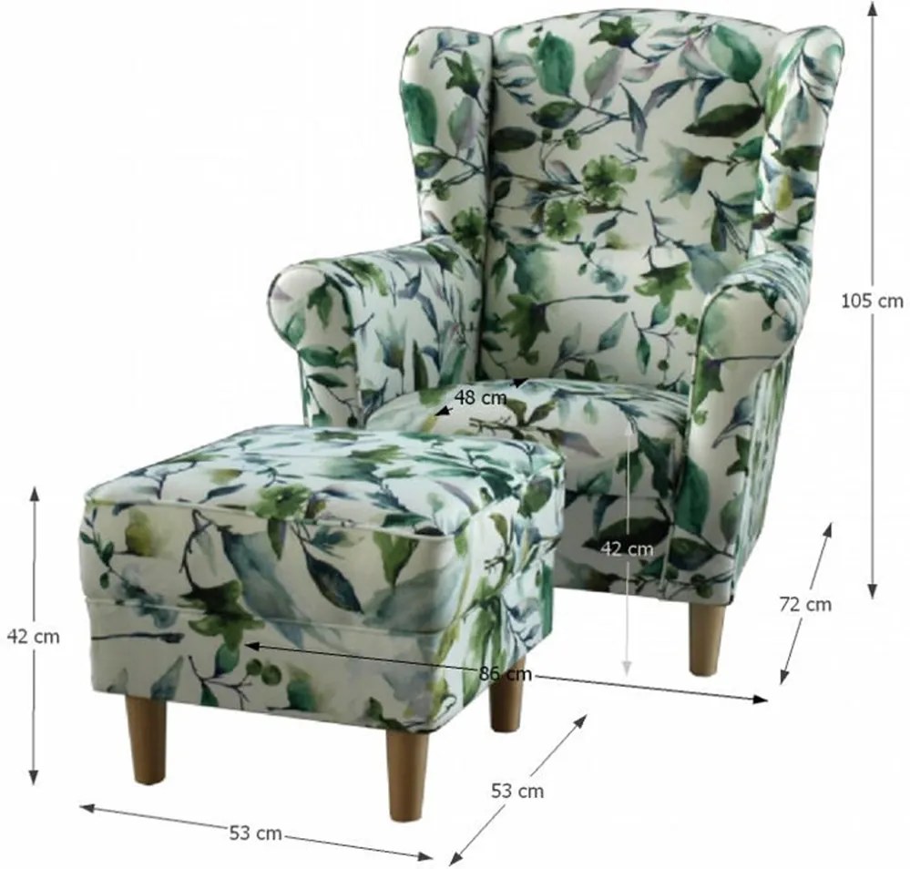 Relaxační křeslo ušák s taburetem ASTRID —  dřevo/látka, více barev Bílá-vzor zelené listí
