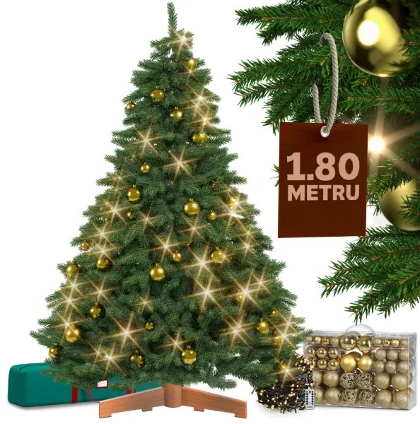 Umělý vánoční strom Premium 180 cm + baňky + světelný řetěz
