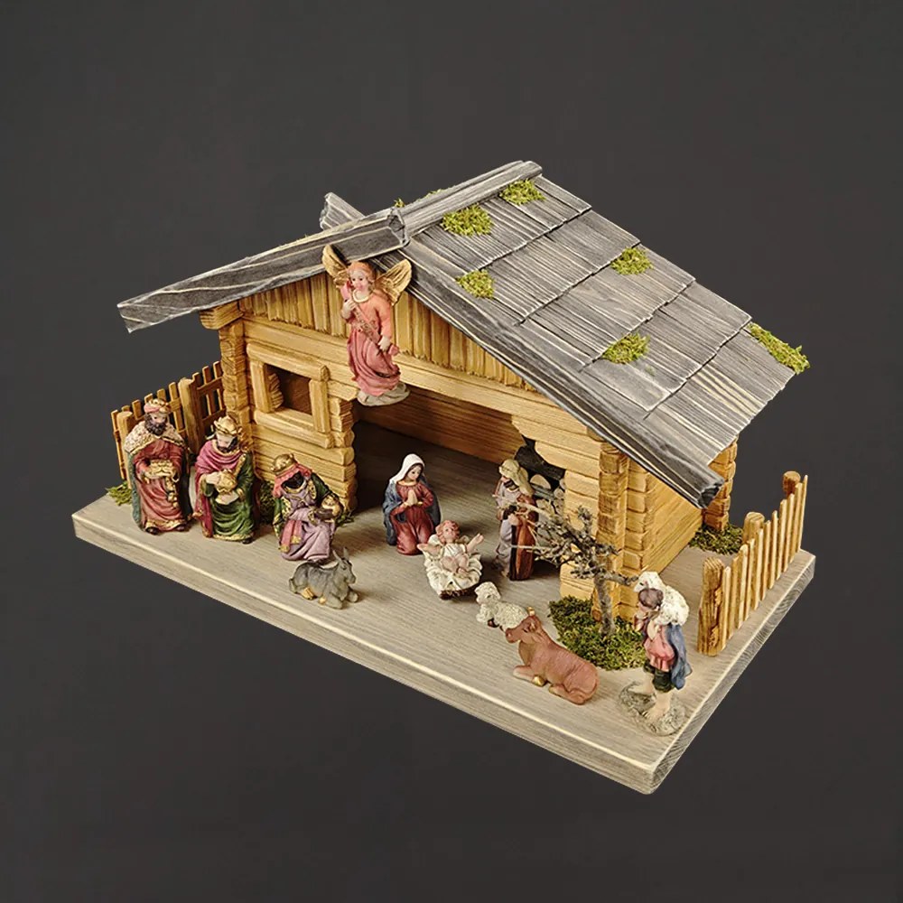 AMADEA Dřevěný betlém osvětlený s figurkami 42 cm, český výrobek