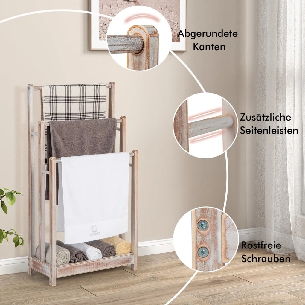 Costway Volně stojící dřevěný věšák na ručníky se 3 věšáky na ručníky