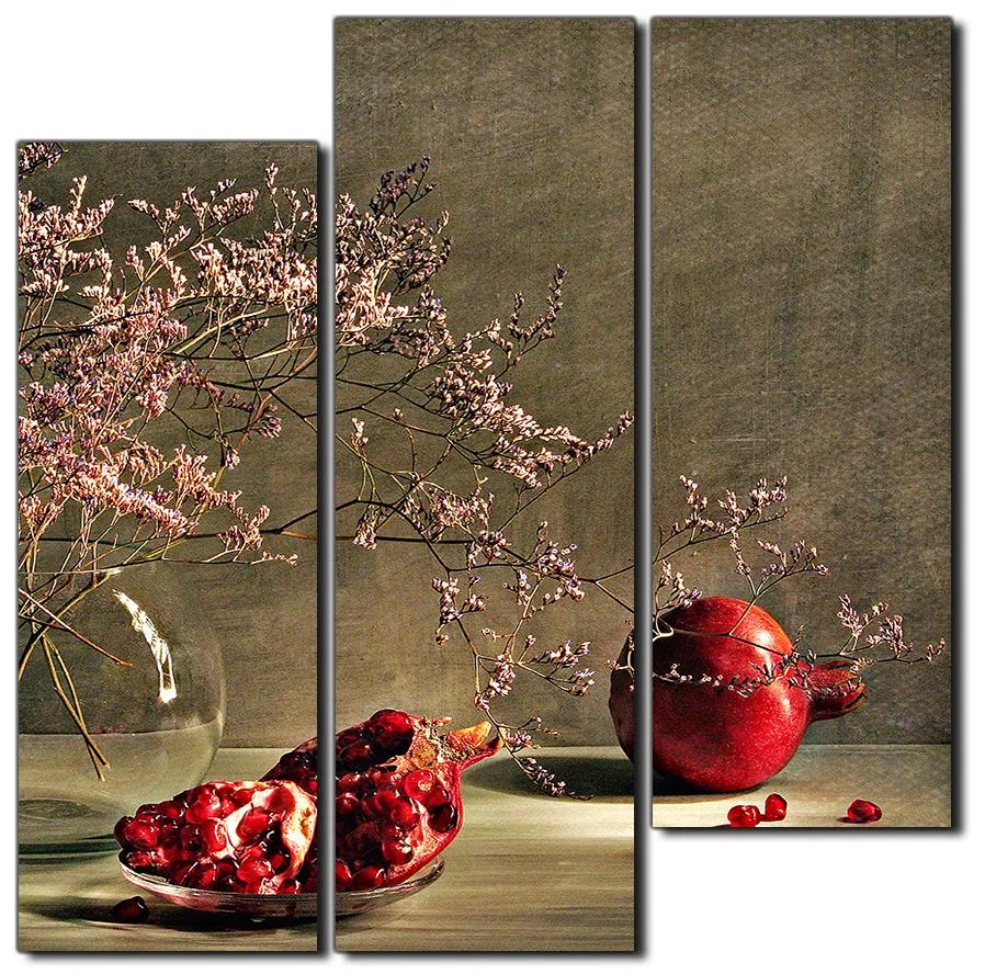 Obraz na plátně - Zátiší - větev a granátové jablko - čtverec 3274D (105x105 cm)