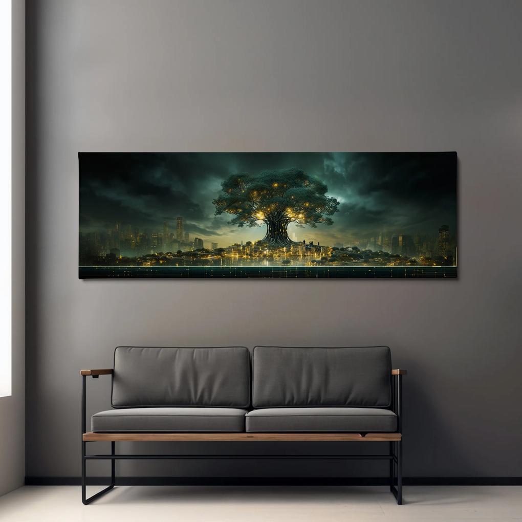 Obraz na plátně - Kybernetická symbióza Strom života a městská krajina FeelHappy.cz Velikost obrazu: 210 x 70 cm