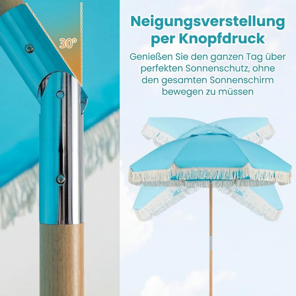 Costway Boho slunečník lze ohnout o 30° na obě strany 170 cm s třásněmi, modrý