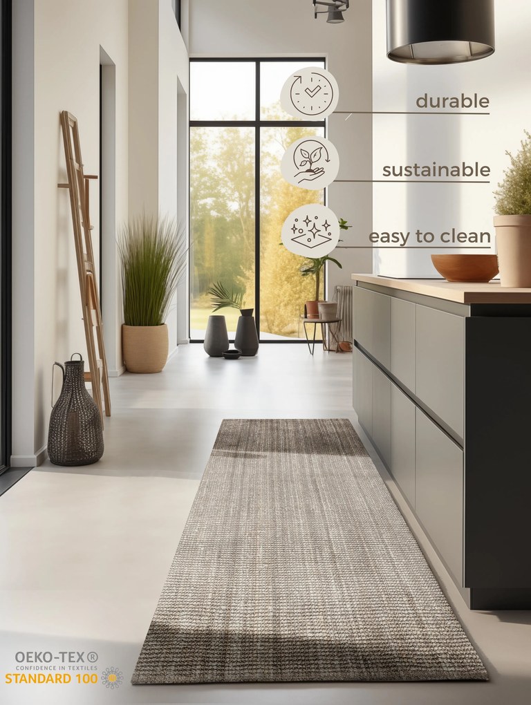 Hanse Home, Koberec běhoun Bouclé Jute 105975 Grey Brown, 80x200, hnědá, chodba / předsíň