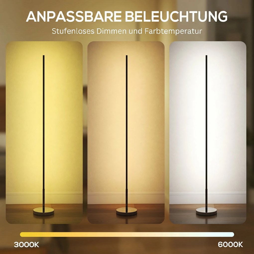 HOMCOM LED stojací lampa do obývacího pokoje s nastavitelnou barevnou teplotou pro ložnici, kancelář, 20 x 150 cm