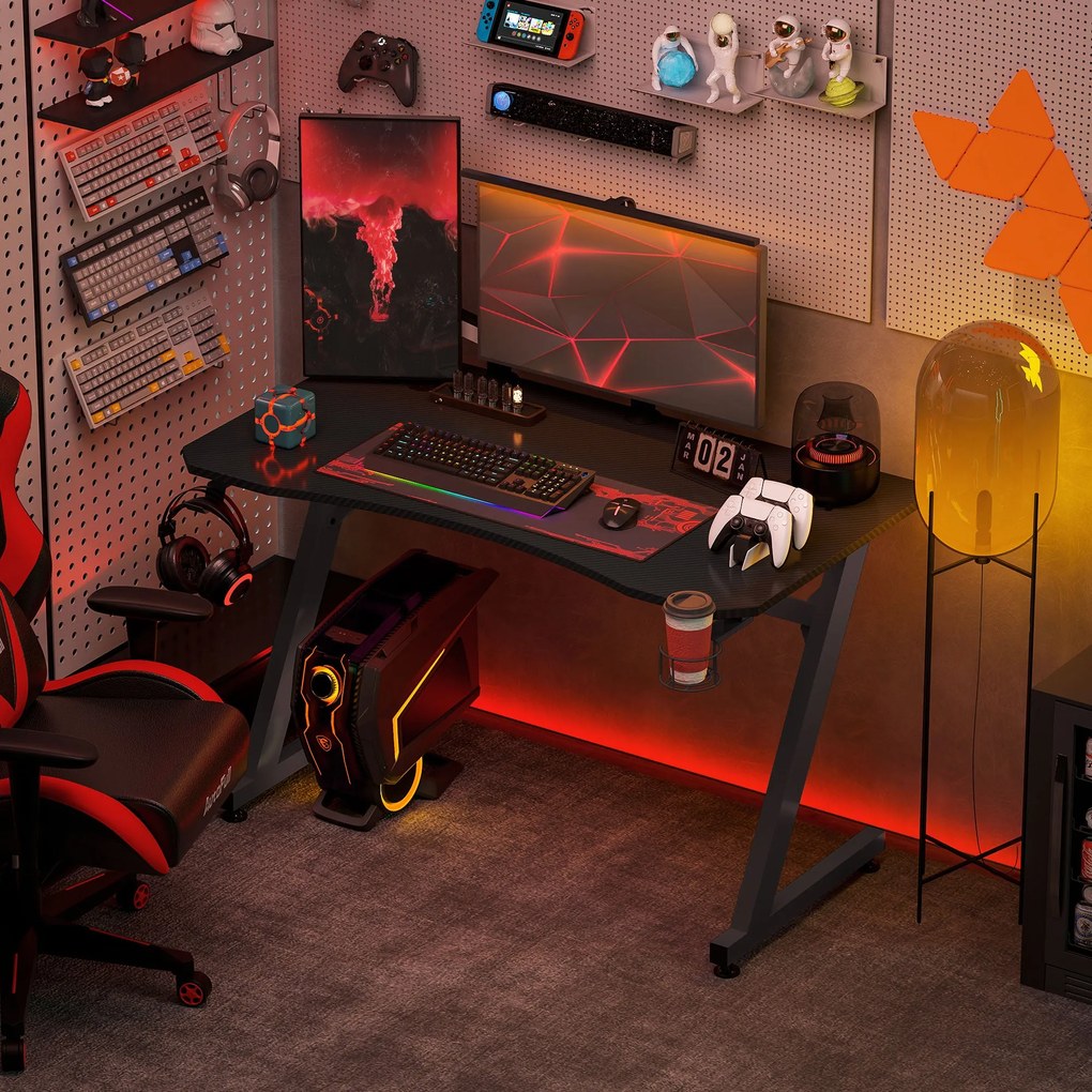 HOMCOM Herní stůl 120x65x74,5 cm Ergonomický herní stůl pro PC s držákem na hrníček a háčkem na sluchátka | Aosom