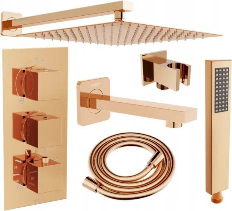 Mexen Cube DR02 podomítkový vanový a sprchový set s hlavovou sprchou 30x30 cm (7v1), růžová zlatá, 77503DR0230-60