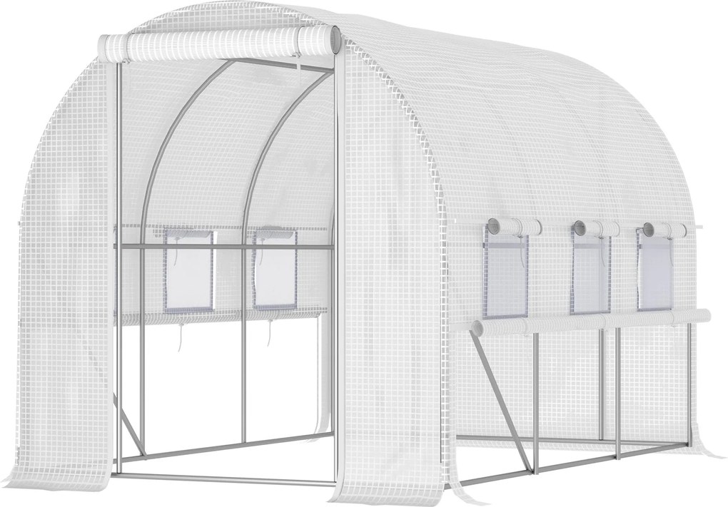 Zahradní tunelová skleník Outsunny, 6m² tunelový skleník s 6 rolovacími okny a 1 dveřmi, PE kryt pozinkované ocelové konstrukce, bílý | Aosom