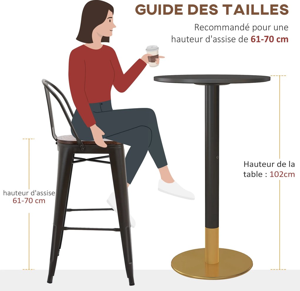 HOMCOM Kulatý Barový Stůl Bistro Stůl Vysoký Jídelní Stůl Moderní Styl Ocelový Rám rozměry 60Š x 60H x 102V cm Černý