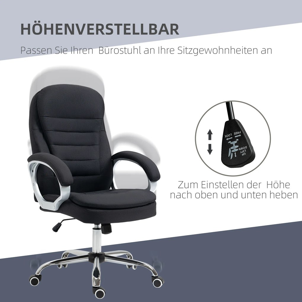 Kancelářská židle Vinsetto s nastavitelnými područkami, ergonomická kancelářská židle, houpací funkce, výškově nastavitelná, černá, len, 64x75x111-12…