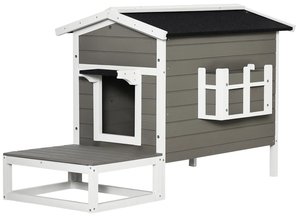 PawHut kočičí domek Kočičí domek s terasou a balkonem pro psy a kočky, jedlové dřevo, šedá a bílá, 115 x 66,5 x 74,7 cm | Aosom.de