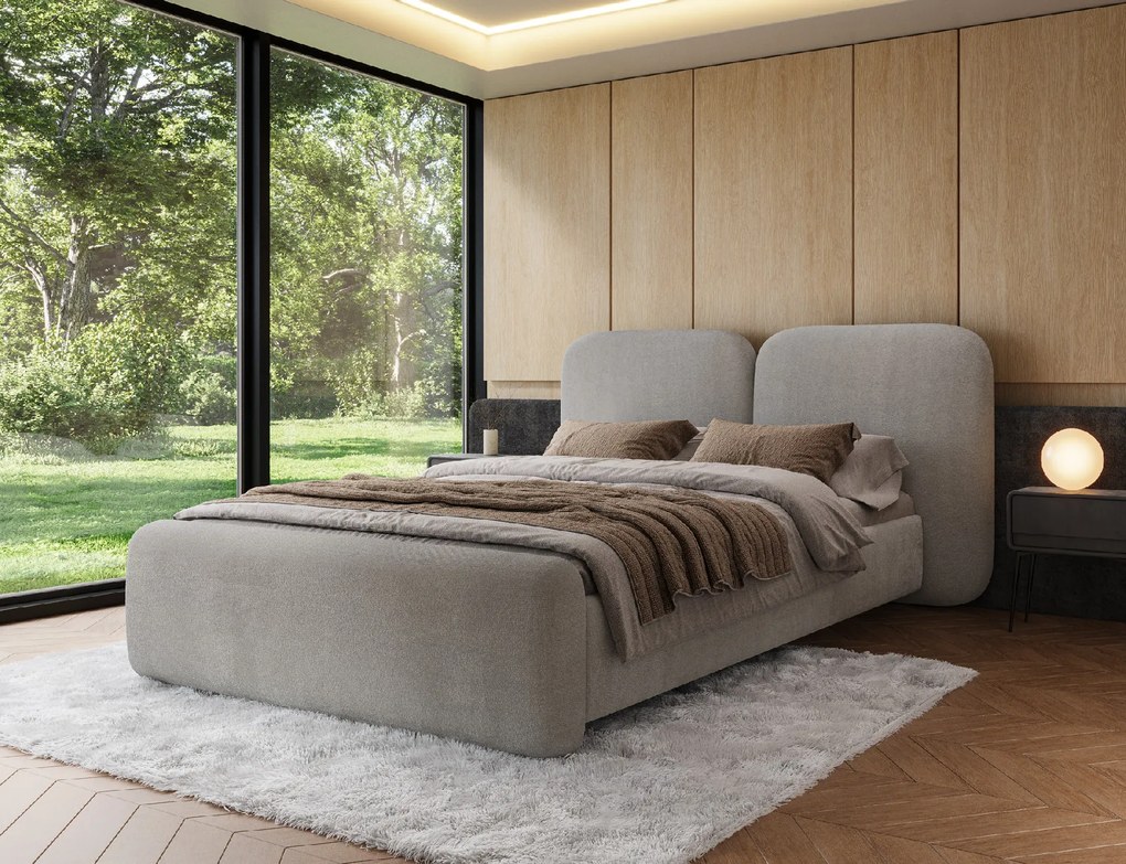 Postel Ollival 160x200 s kovovým roštem a úložným prostorem, béžový plyš