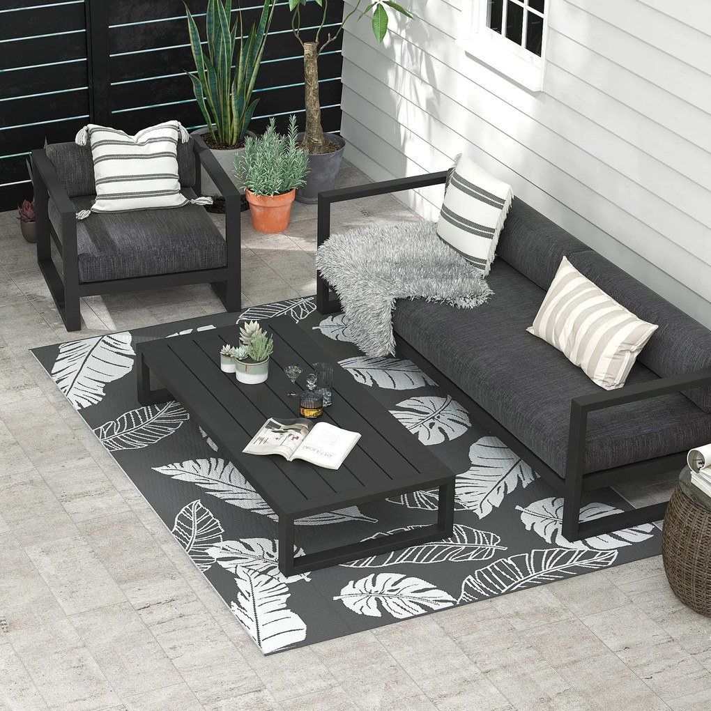 Outsunny venkovní koberec z plastu odolný proti povětrnostním vlivům 182x274cm oboustranný design pro balkon terasu šedá bílá