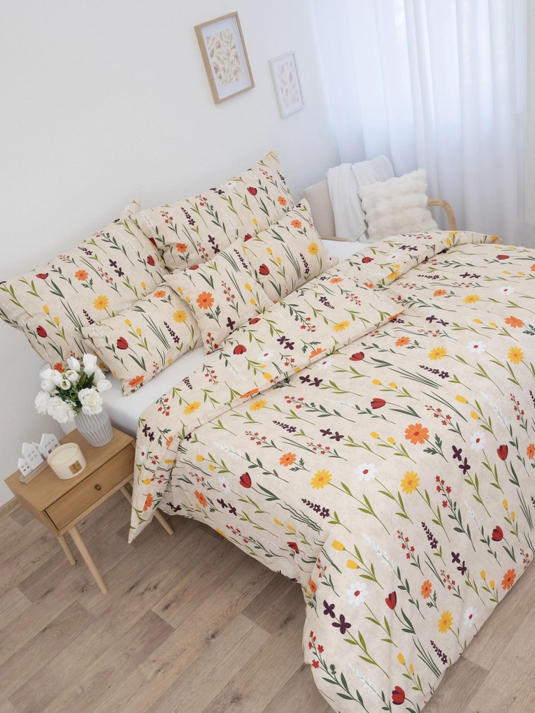 MK Lůžkoviny Prodloužené bavlněné povlečení Renforcé - Rozkvetlá louka přírodní 140 × 220 cm, 70 x 90 cm