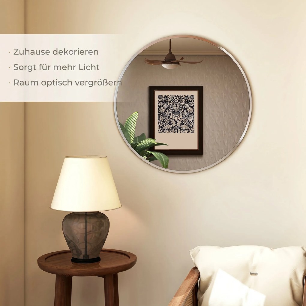 HOMCOM kulaté nástěnné zrcadlo Ø61 cm – stříbrný hliníkový rám