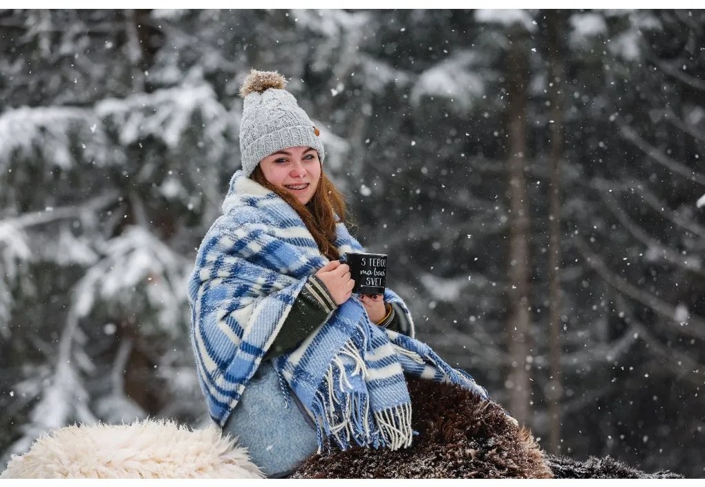 Wooline Vlněný pléd s třásněmi, modrobílý 130 x 200 cm