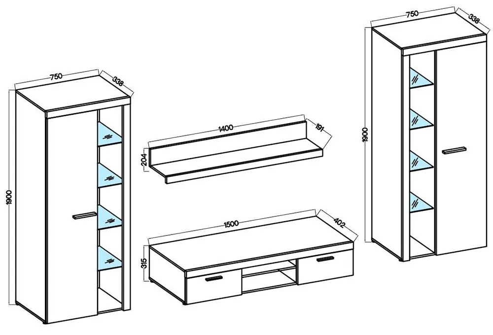 Obývací stěna RUMBA XL + komoda 2F2S | 300 + 156,4 cm | bílá/beton