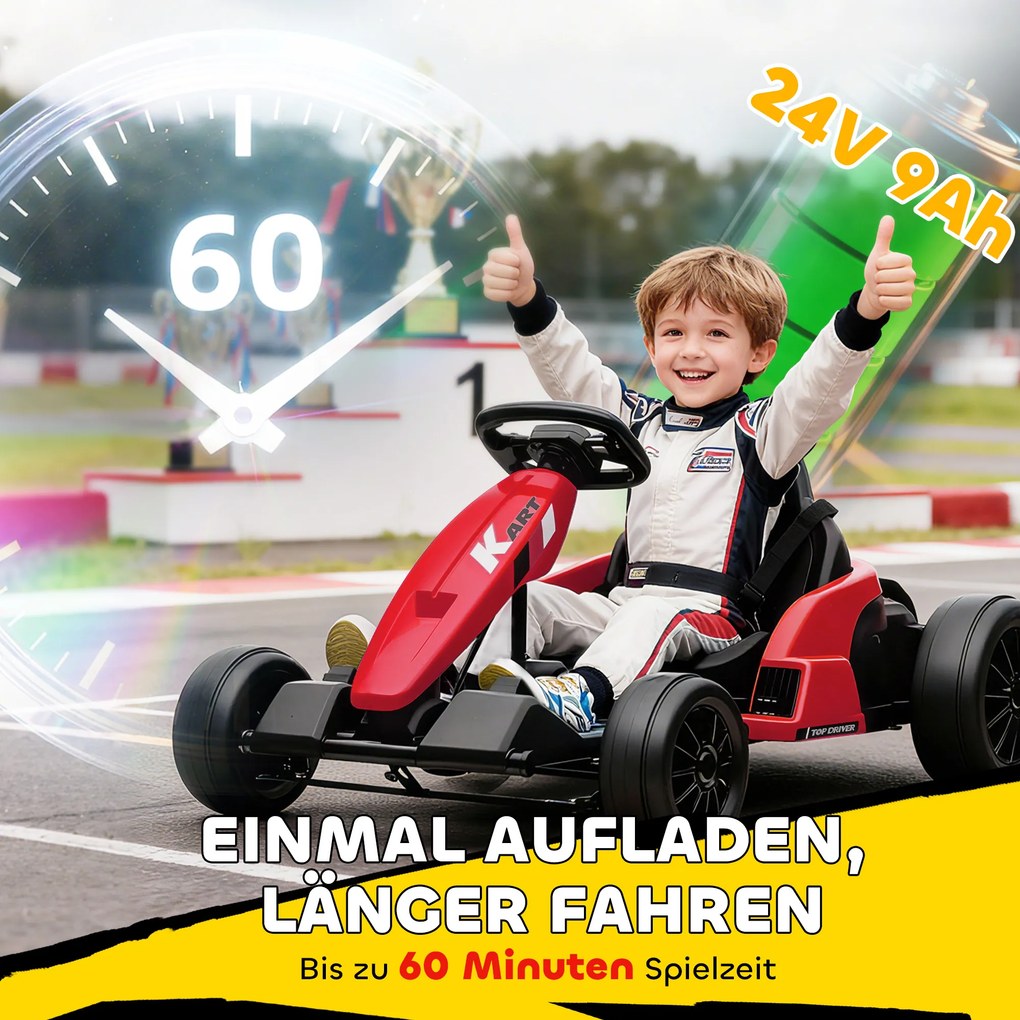 AIYAPLAY 24 V elektrické Go-Kart pro děti do 18 km/h, Gokart s drift funkcí, drift-kart s 2 motory, nastavitelná sedačka, červená