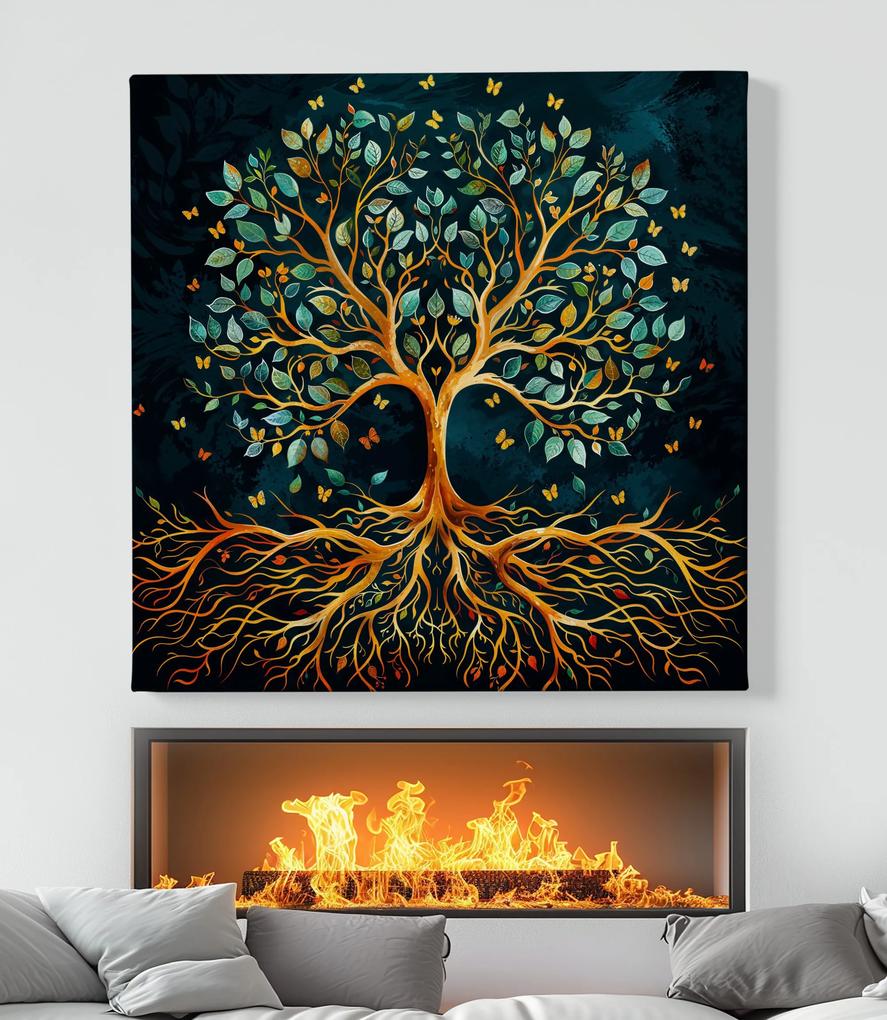 Obraz na plátně - Strom života Zlatavé kořeny Emdrasil FeelHappy.cz Velikost obrazu: 100 x 100 cm