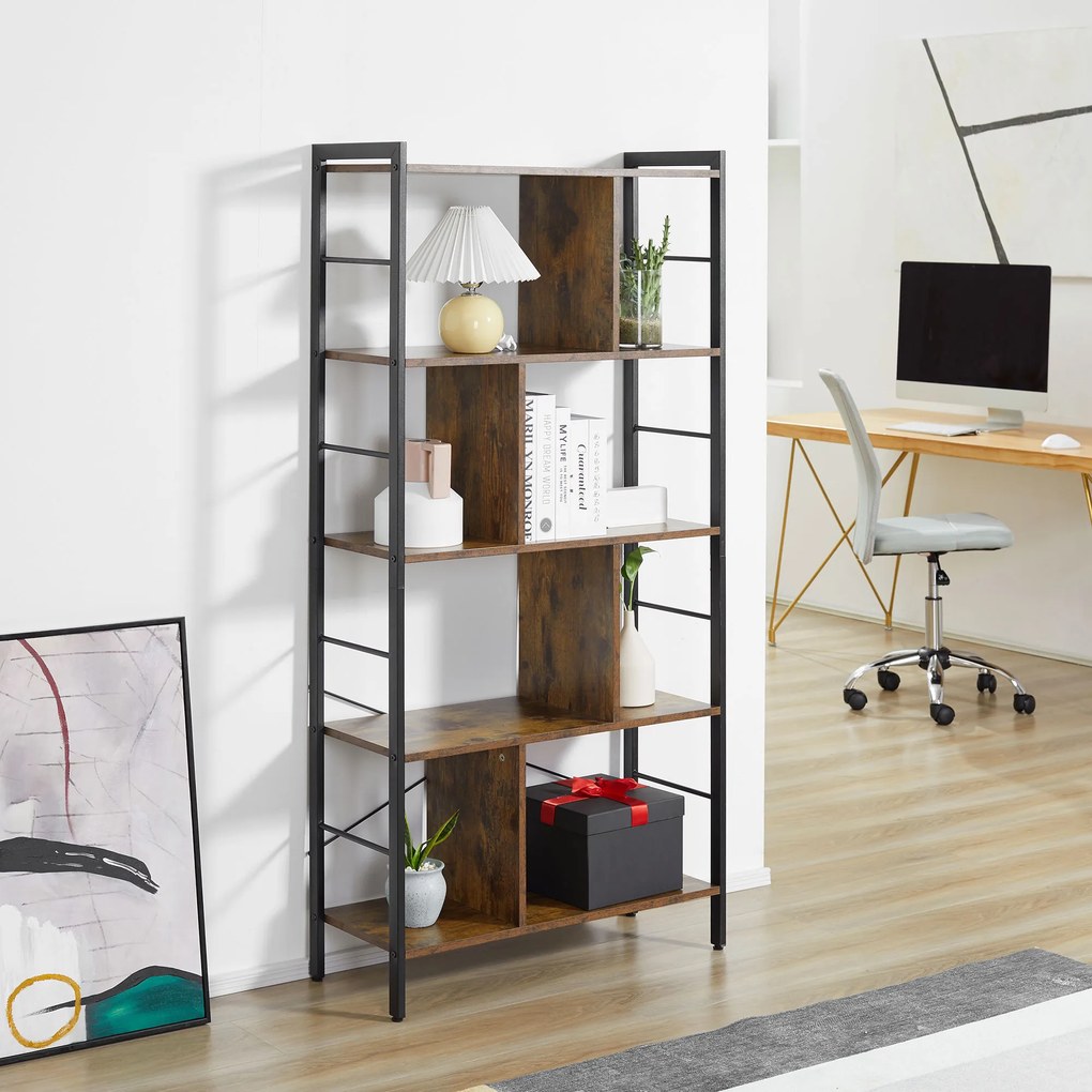 HOMCOM 4-patrová knihovna s 8 úložnými prostory v industriálním stylu pro obývací pokoj, kancelář, ložnici 74x30x157,5 cm Rustikální hnědá