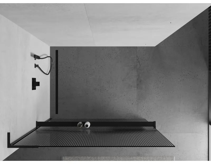 Mexen Kioto+ L, sprchová zástěna Walk-In s poličkou a věšákem 100 x 200 cm, 8mm sklo s žebrovým vzorem, černý profil, 800-100-123-70-09