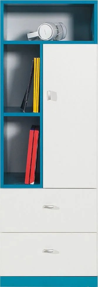 Dětská regálová skříň Poly 5, lamino + ABS, bílá / tyrkysová, 45x135x40 cm
