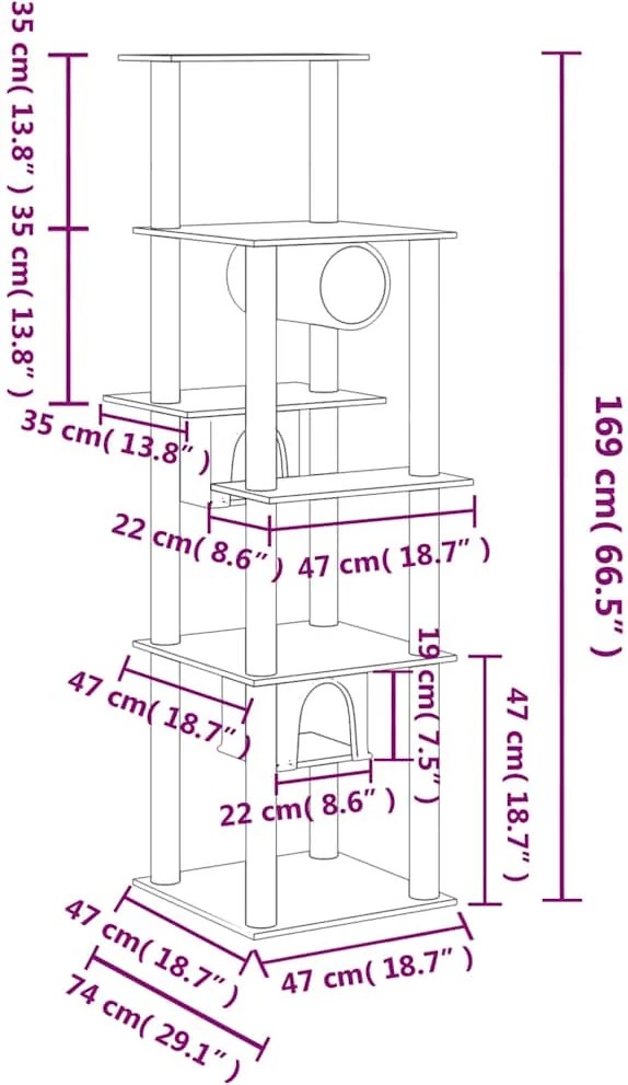 Škrabadlo pro kočky se sisalovými sloupky světle šedé 169 cm 171673