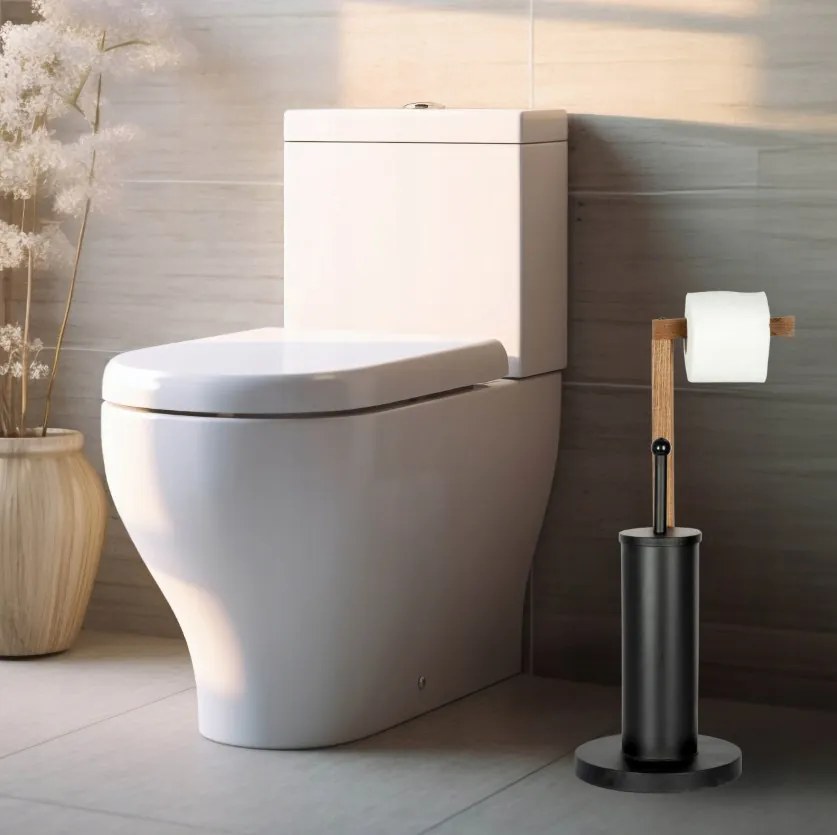Erga Aurora Small Black, toaletní WC kartáč s dřevěným držákem na WC papír na postavení 19x19x56 cm, hnědá-černá, ERG-SEP-1340STLAZSBLA