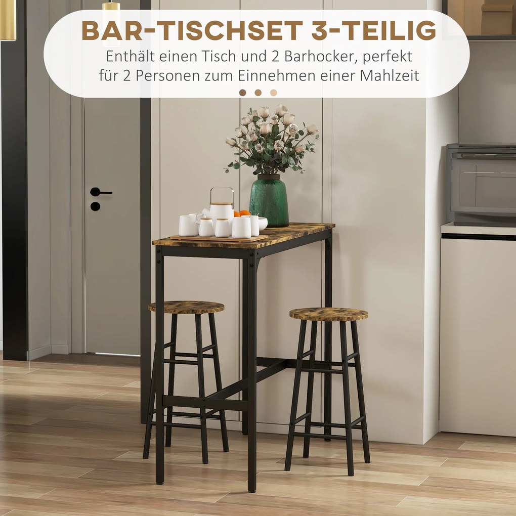 HOMCOM Barový set, 3dílný barový stůl s barovou židlí, jídelní skupina v industriálním designu, kuchyňský stůl se 2 barovými židlemi, do jídelny, kuc…