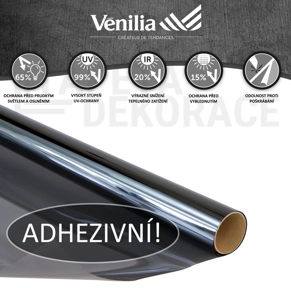 Venilia 53440 statická protisluneční fólie na okna tmavá, rozměr 90 cm x 2 m / adhezivní fólie na sklo Static Black Tinted