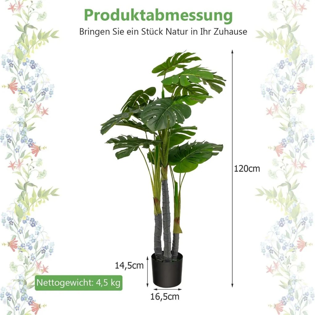 Costway 120 cm vysoký umělý strom Falešná rostlina Monstera Deliciosa, zelený