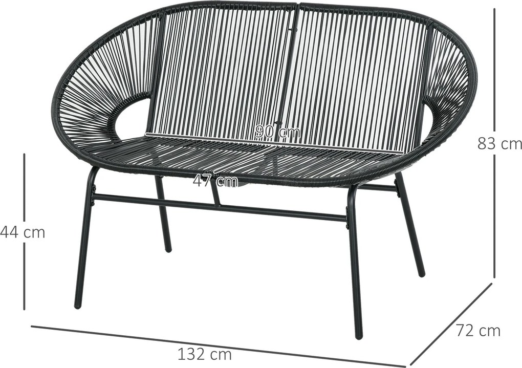 Outsunny 2-místná zahradní židle Acapulco s opěrkami, polstrováním a ocelovým rámem, nosnost 260 kg, pro balkon, terasu, patio, 132x72x83 cm, černá