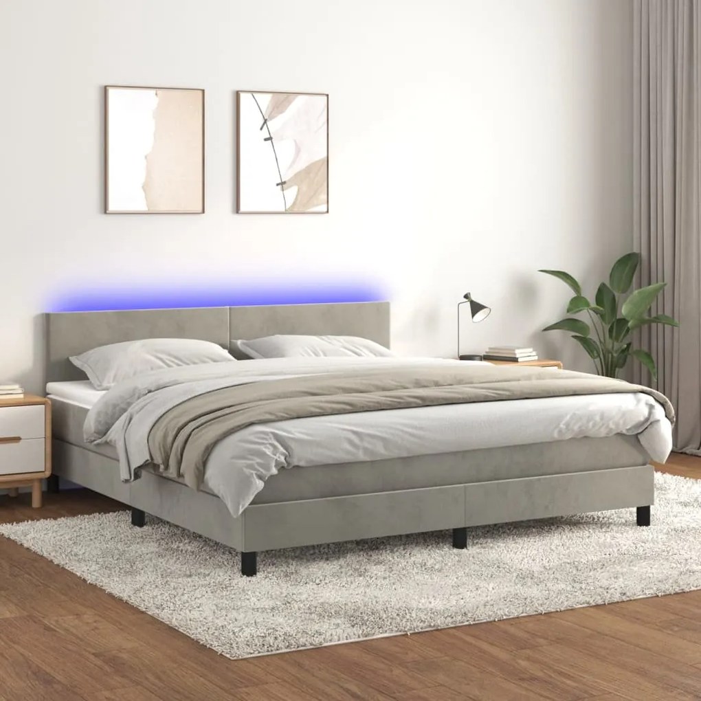 Box spring postel s matrací a LED světle šedá 180x200 cm samet,  3134297