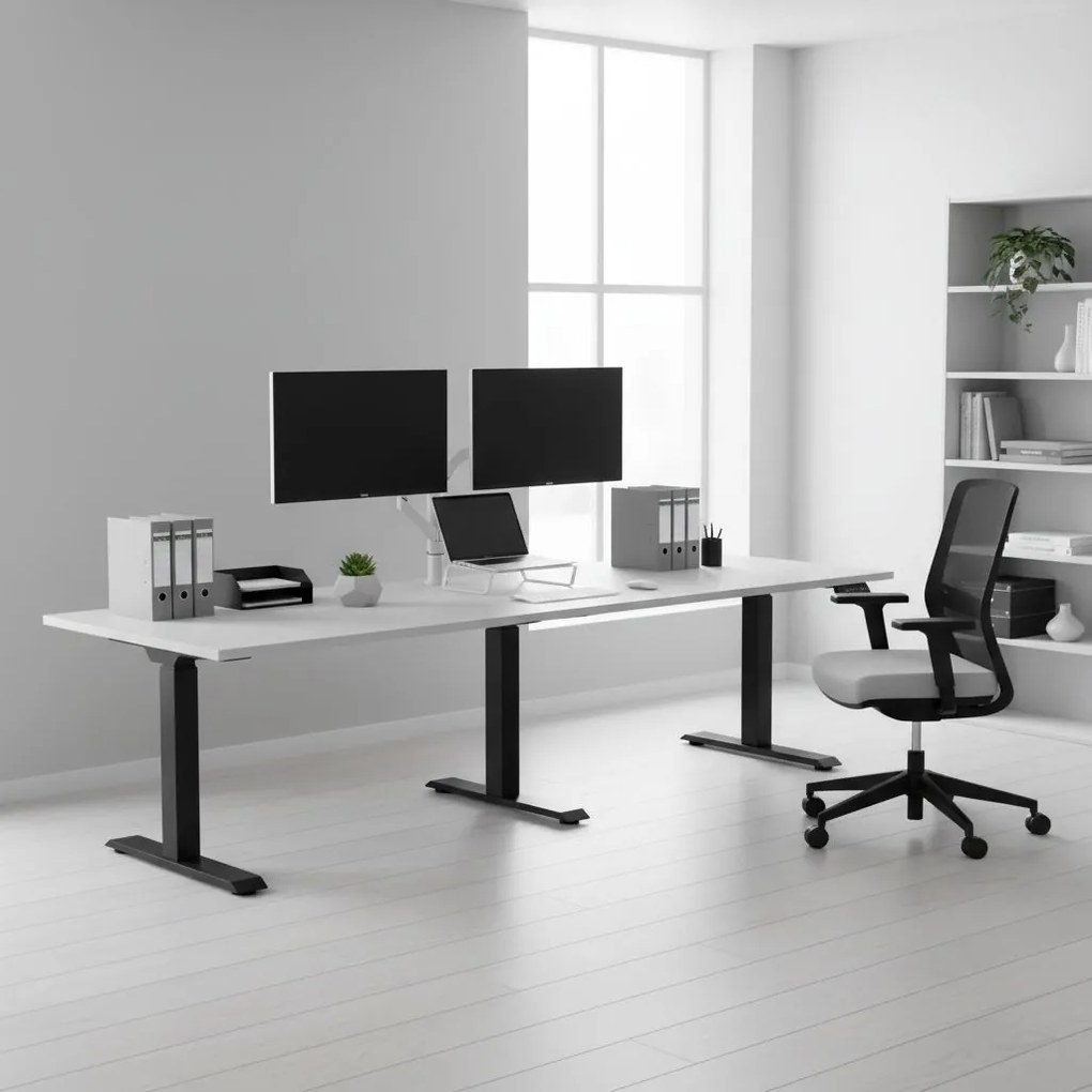 Výškově nastavitelný stůl OfficeTech Long, 260 x 80 cm, černá podnož, světle šedá