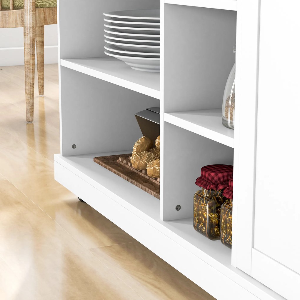 HOMCOM Kuchyňský Ostrov Trolley, Vozík, Kuchyňský Vozík, 7 Otevřených Přihrádek, 1 Skříňka s Dveřmi, 129 x 51 x 93 cm, Dřevo a Bílá