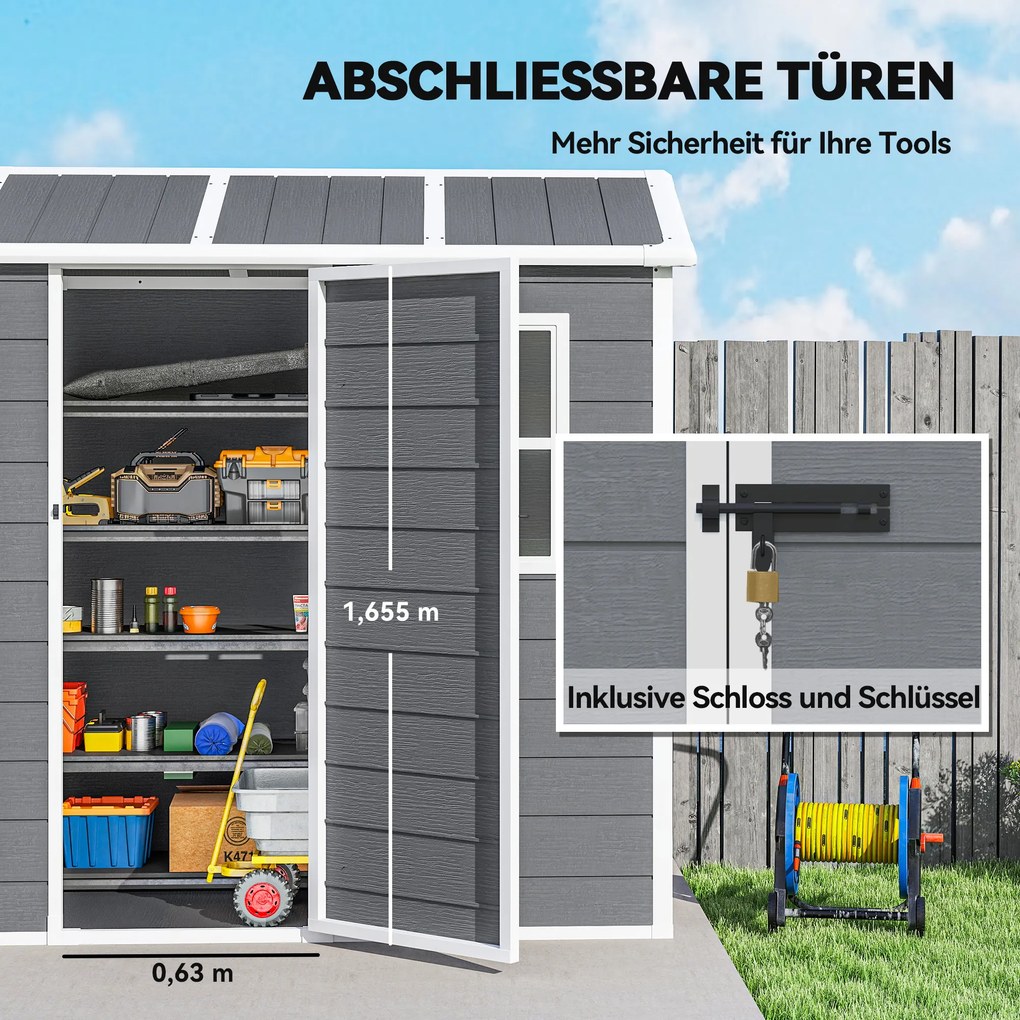 Outsunny Plastový Kůlna na Nástroje 2,1m² 186 x 130 x 199cm Zahradní Kůlna s Šikmou Střechou, Podlahou, Okénkem, Zámkem a Odolností proti Počasí pro …
