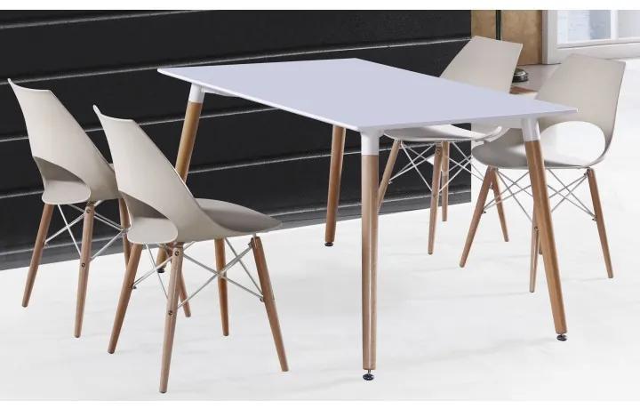 Jednoduchý jídelní stůl v bílé barvě s dřevěnýma nohama typu buk TK168