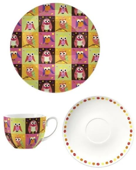 Creative Tops Creative Kids Patchwork Owl Porcelánový šálek s podšálkem a dezertním talířem
